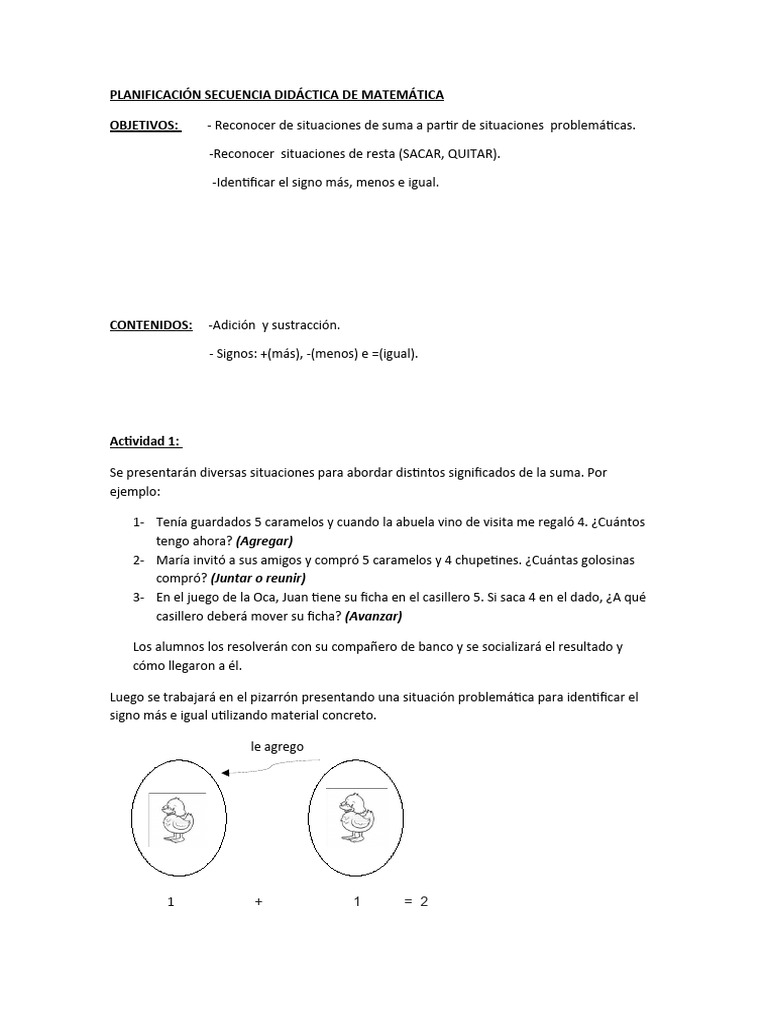Planificación Secuencia Didáctica de Matemática Suma y Resta | PDF | Sustracción