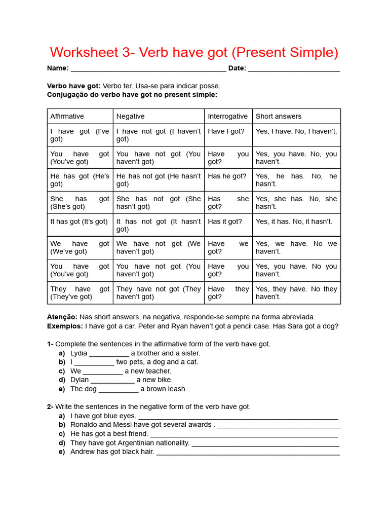 Worksheet: Verbo Have Got em Inglês | PDF | Unidades semânticas ...