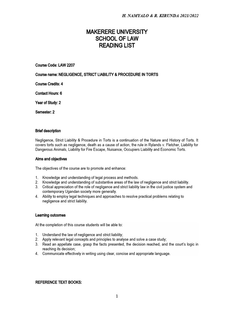 Negligence and Strict Liability Course Guide | PDF | Tort | Strict ...