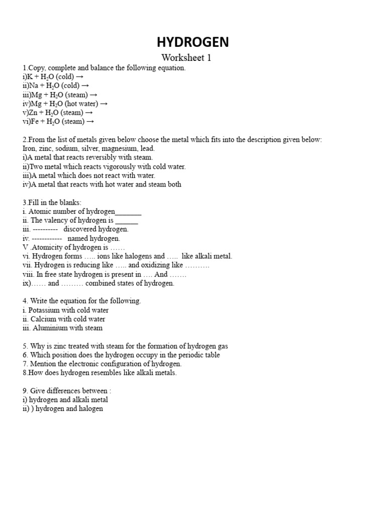 Hydrogen Reactions and Properties Worksheet | PDF