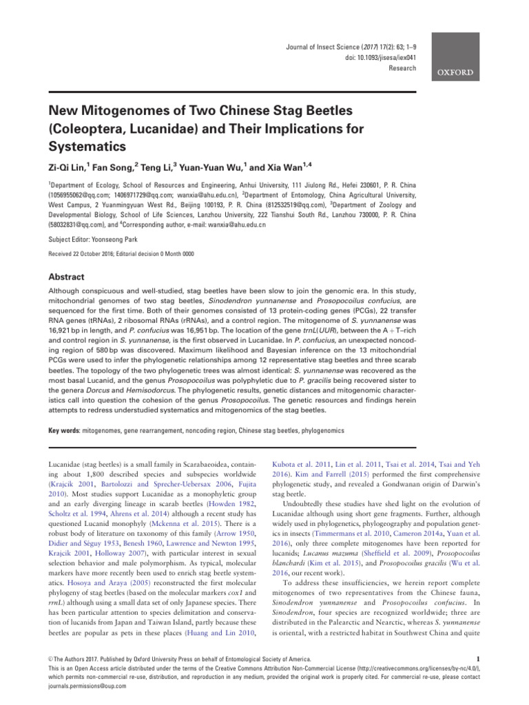 2017 - Lin - New Mitogenome of 2 Lucanidae and Their Implications For ...