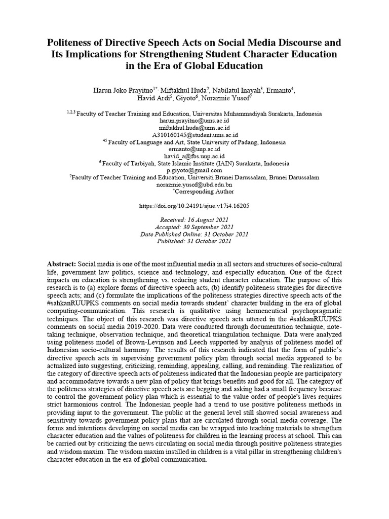 Politeness of Directive Speech Acts On Social Media Discourse and | PDF ...