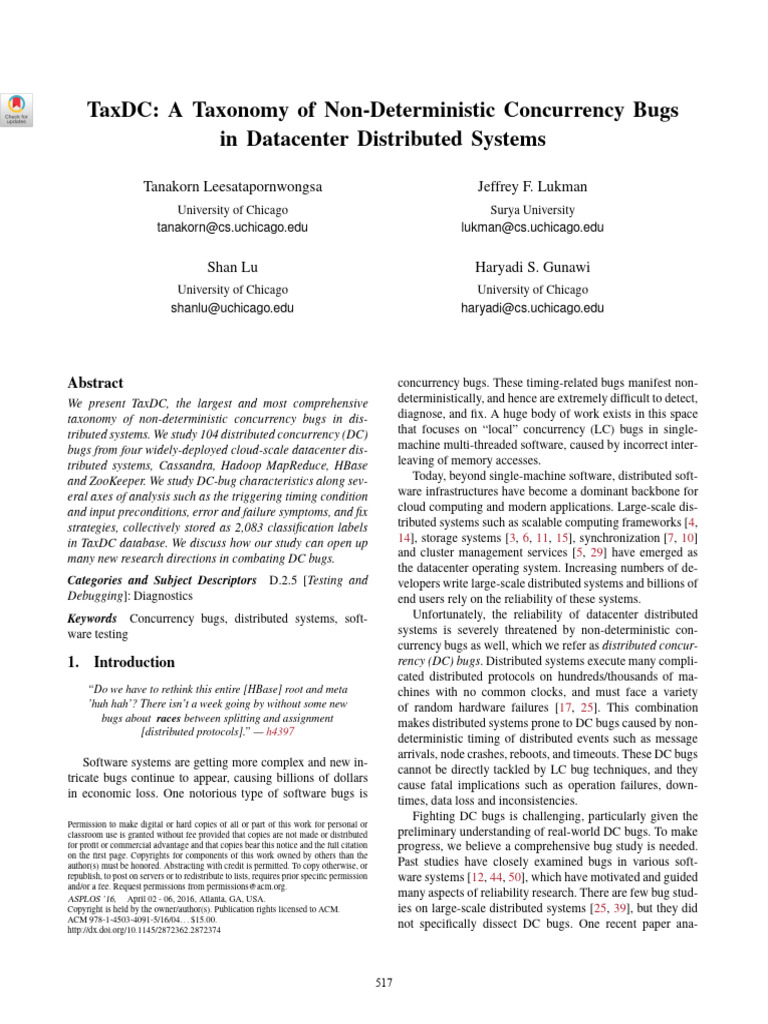 TaxDC - A Taxonomy of Non-Deterministic Concurrency Bugs | PDF | Software Bug | Distributed ...