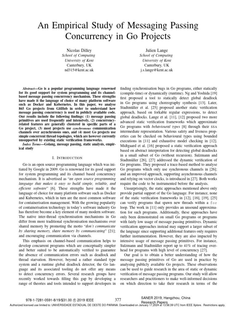 An Empirical Study of Messaging Passing Concurrency in Go Projects | PDF | Formal Verification ...