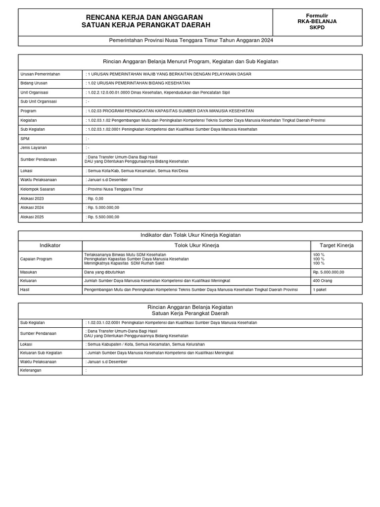 Rencana Kerja Dan Anggaran Satuan Kerja Perangkat Daerah: Formulir Rka-Belanja SKPD | PDF