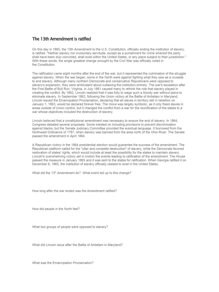 13th Amendment Ends Slavery 1865 | PDF | Thirteenth Amendment To The ...