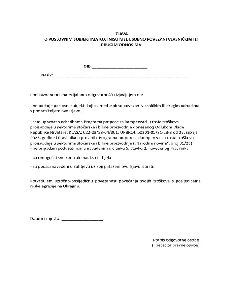 IZJAVA o Povezanim Subjektima Za Korisnike Koji NEMAJU Povezane ...