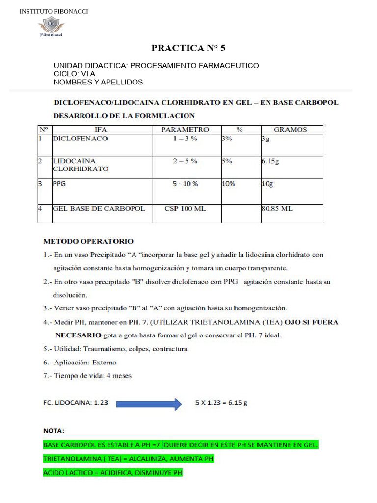 Practica N°5 Gel Diclofenaco + Lidocaina | PDF