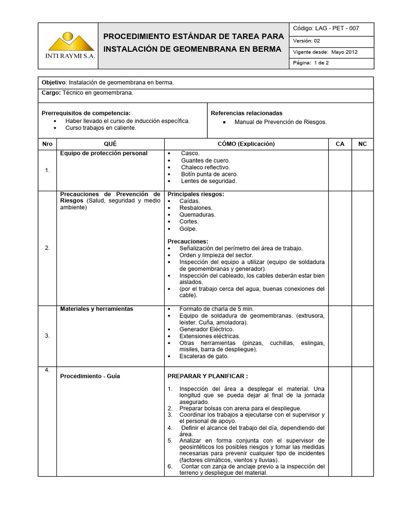Lag-Pet-007 Instalación de Geomenbrana en Berma | PDF
