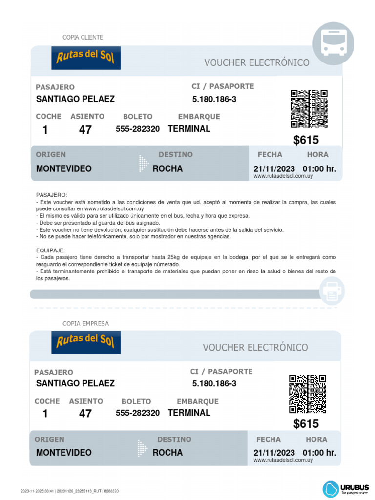 Voucher de Pasaje Rutas del Sol | PDF
