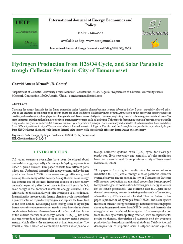 Hydrogen Production From H2SO4 Cycle, and Solar Parabolic Trough ...