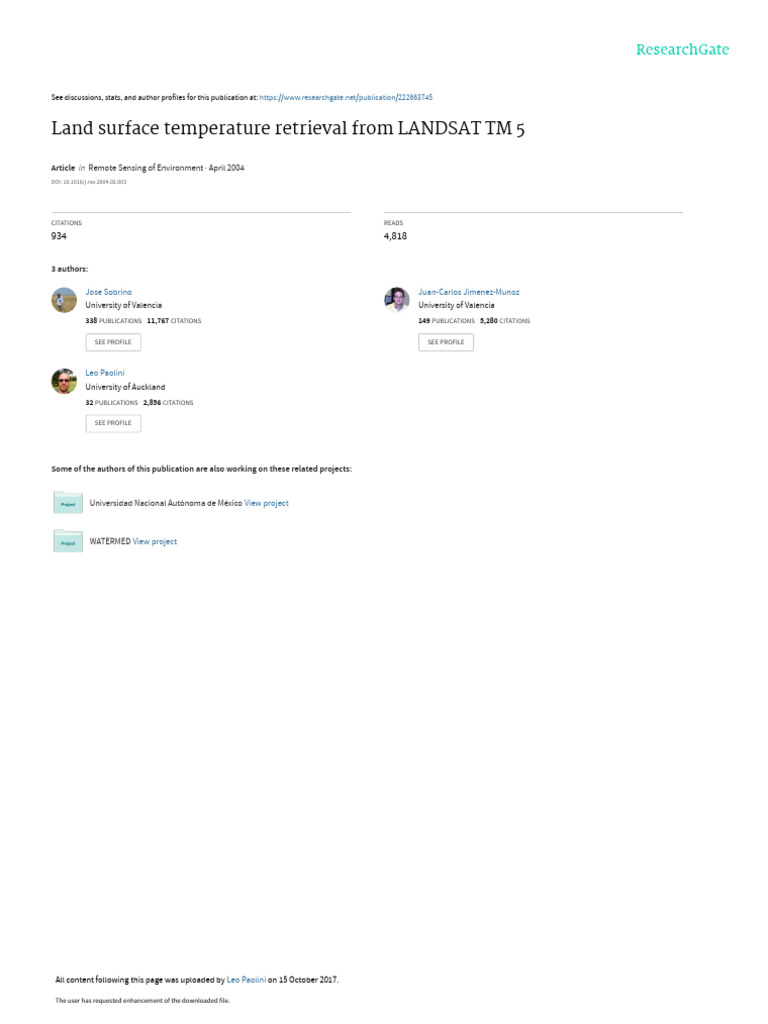 Land Surface Temperature Retrieval From LANDSAT TM | PDF | Infrared ...