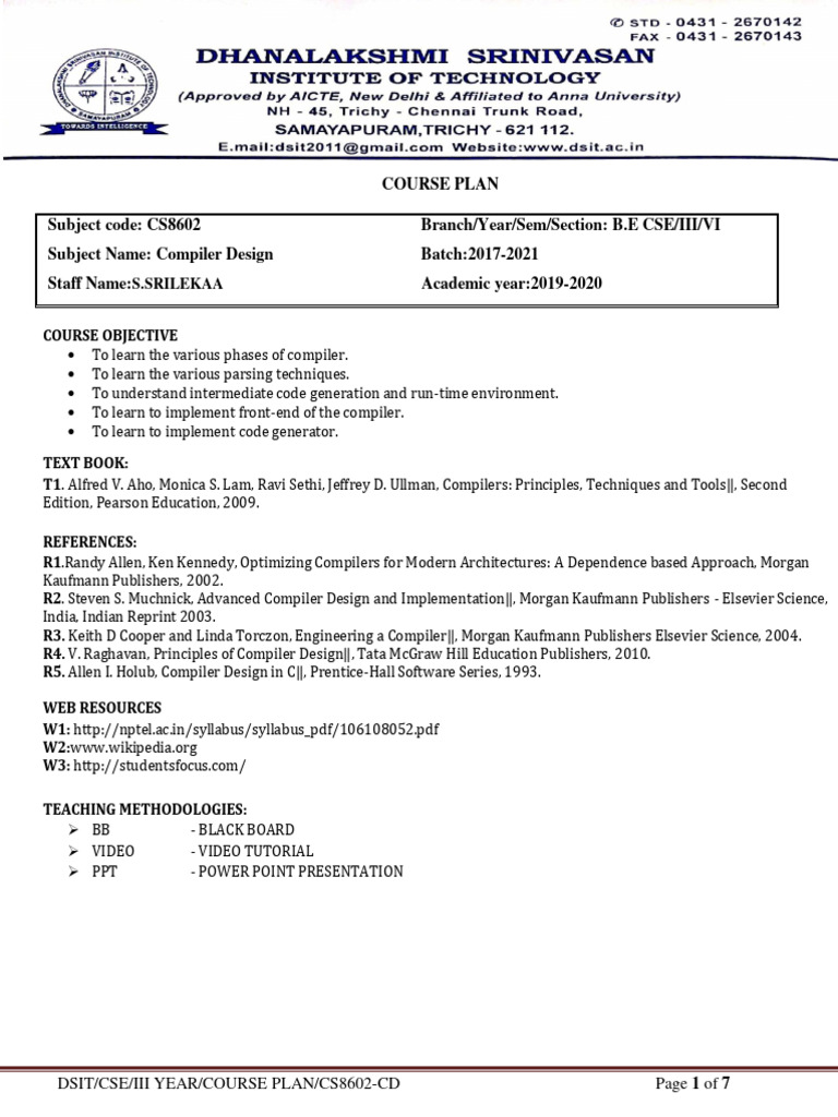 CS8602 CD Course Plan | PDF | Parsing | Compiler