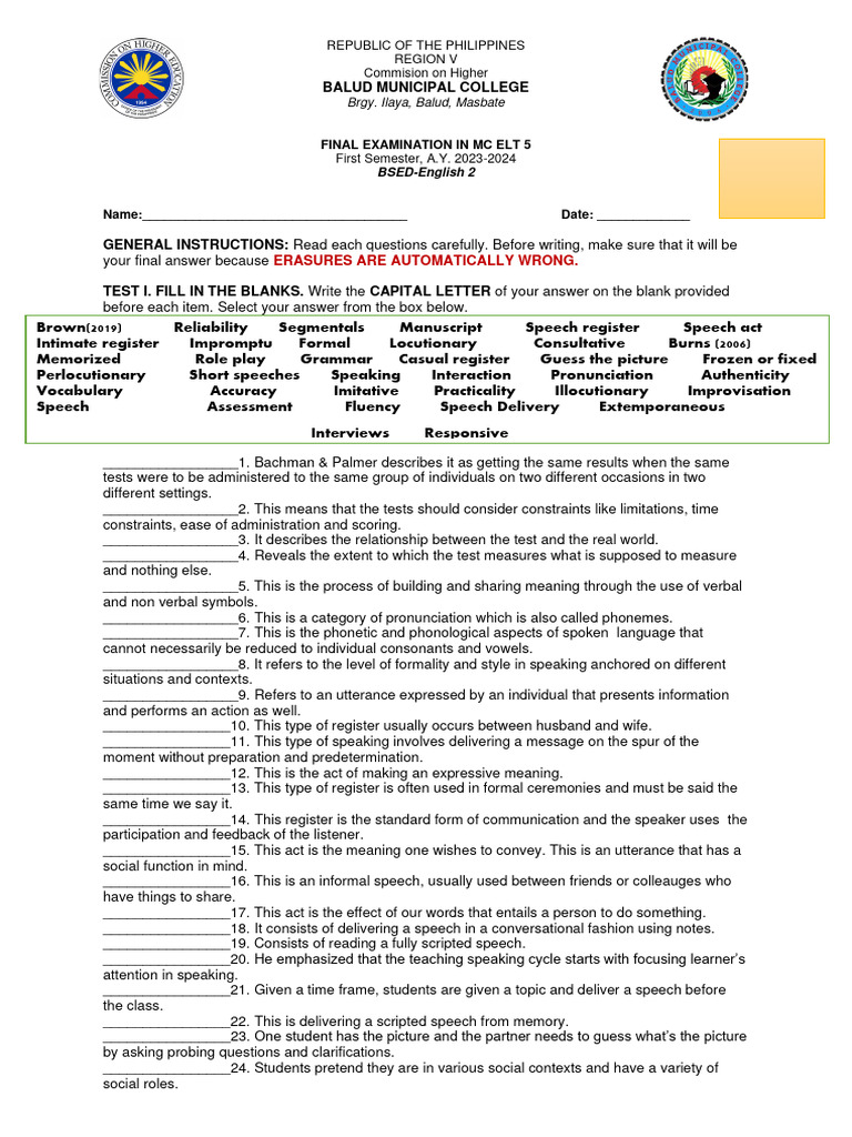 MC Elt 5 Final Exam | PDF | Speech | Linguistics