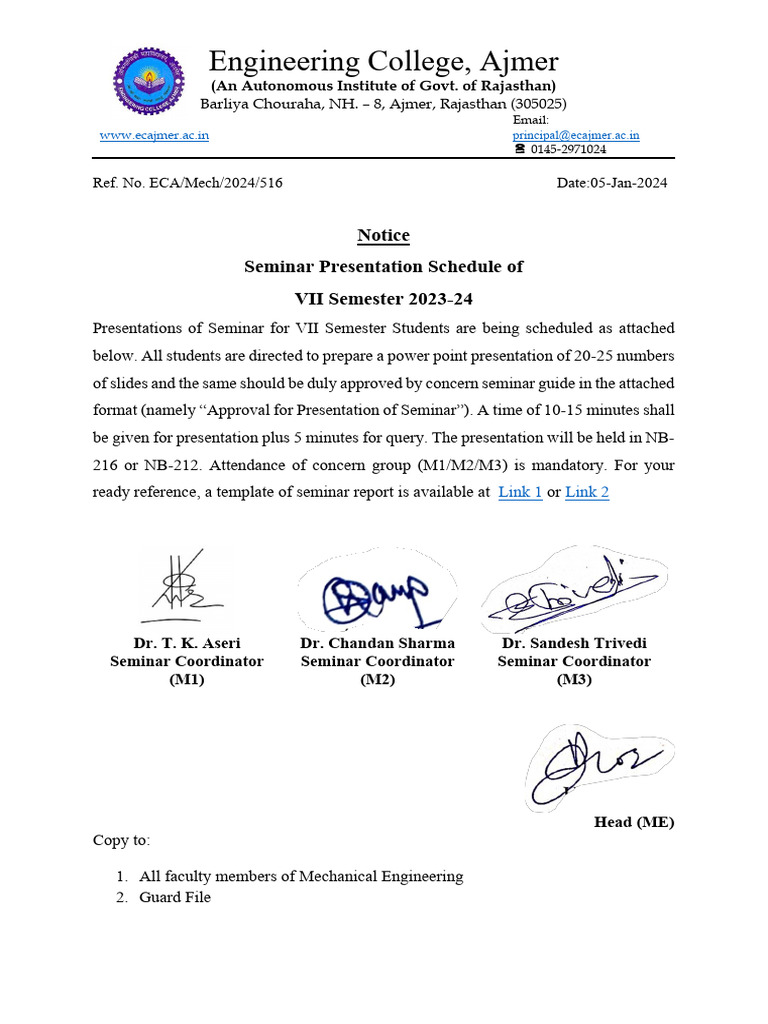 VII Semester Seminar Schedule 2023-24 | PDF