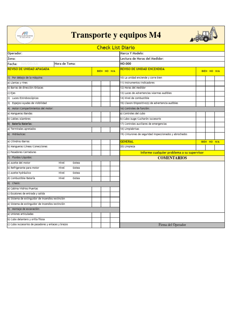 Check List Equipos Pesados | PDF | Tecnología de vehículos | Vehículos ...
