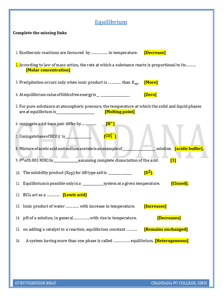 Equilibrium (Fill in The Blanks) | PDF