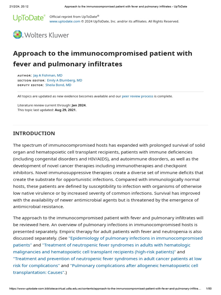 Approach To The Immunocompromised Patient With Fever and Pulmonary ...
