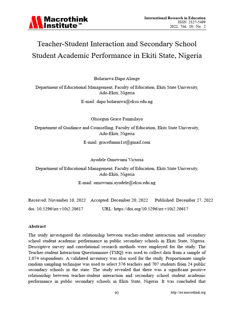 Teacher-Student Interaction Impact on Performance | PDF | Attachment ...