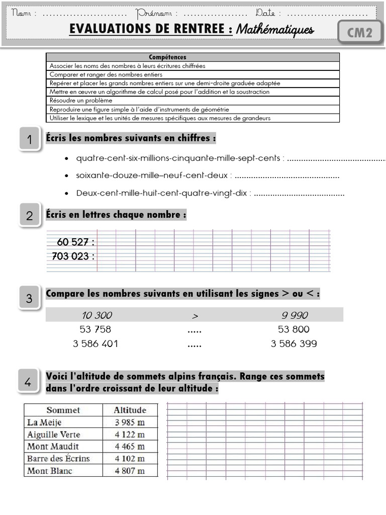 Évaluation Diagnostique Maths CM2 | PDF | Arithmétique | Mathématiques ...