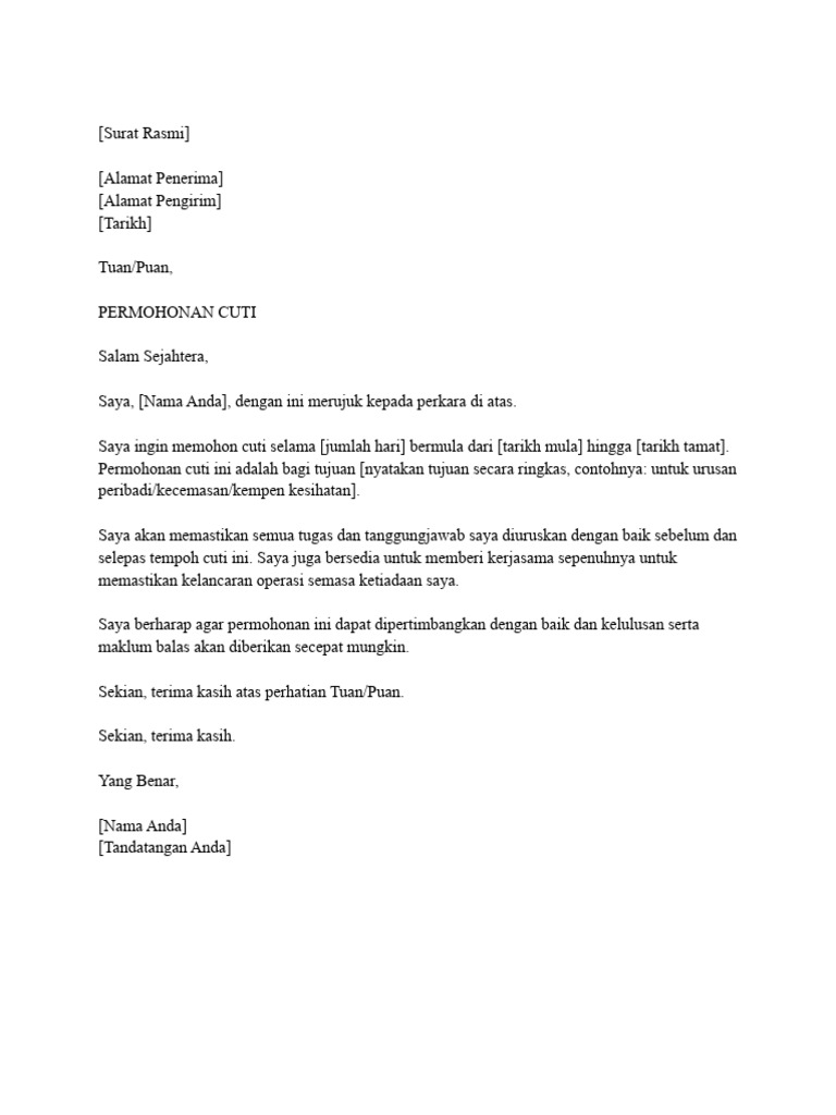 Surat Rasmi Untuk Mohon Cuti | PDF | Hukum