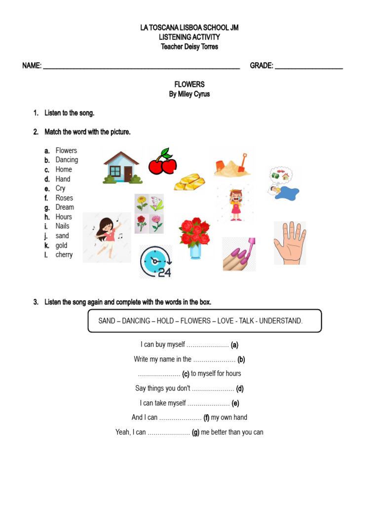 Listening Activity: Miley Cyrus' "Flowers" | PDF | Language Arts ...