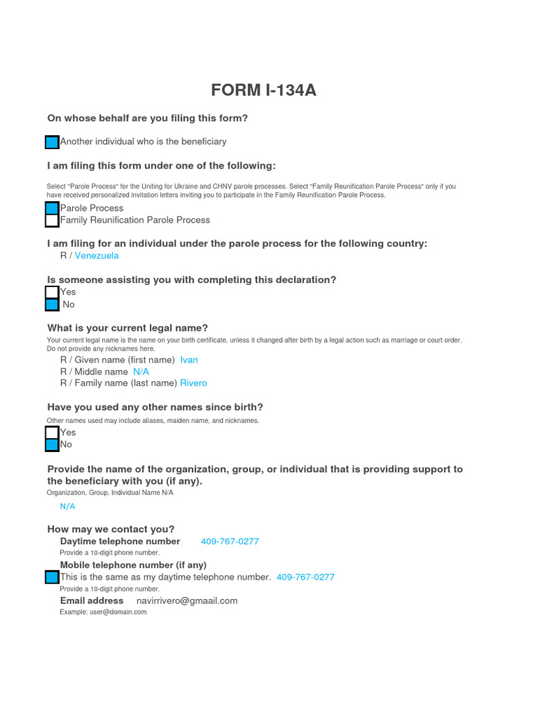 Uscis Parol Form 134a | PDF | Social Science | Law