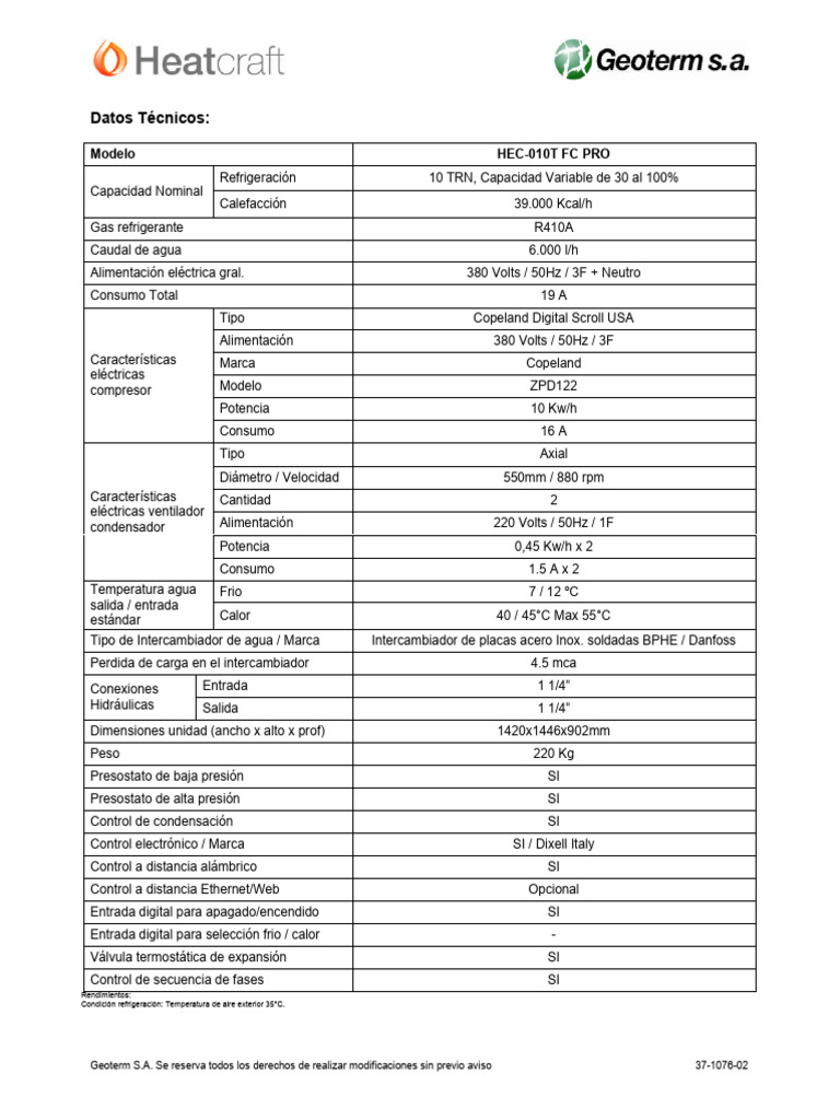 37-1076-02 Datos Técnicos HEC-010 FC PRO HORIZONTAL | PDF | Agua | Ingeniería mecánica