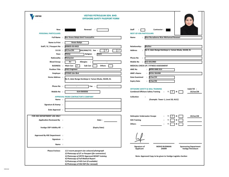 Vestigo Offshore Safety Passport Form - Anees | PDF