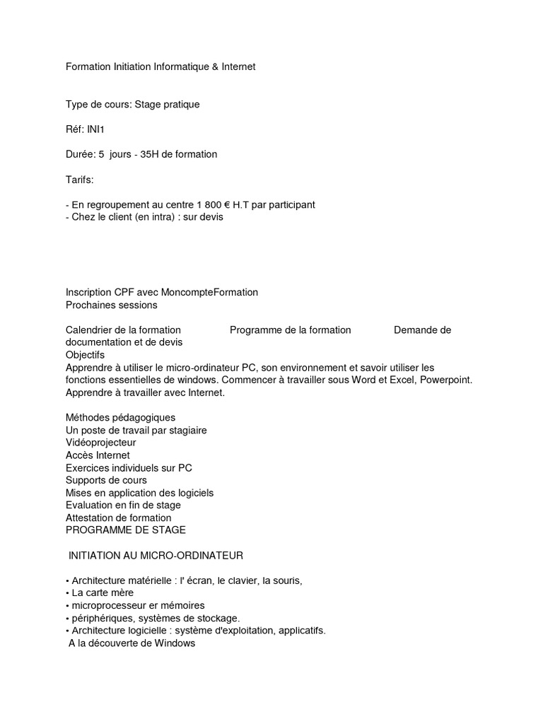 Formation Initiation Informatique & Internet | PDF