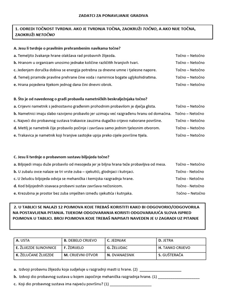 Prehrana - Ponavljanje | PDF