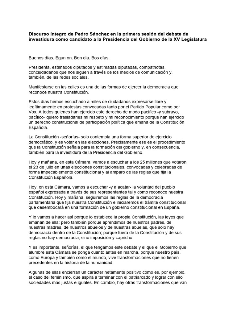 Discurso Integro de Pedro Sanchez | PDF | Democracia | Ideologías políticas