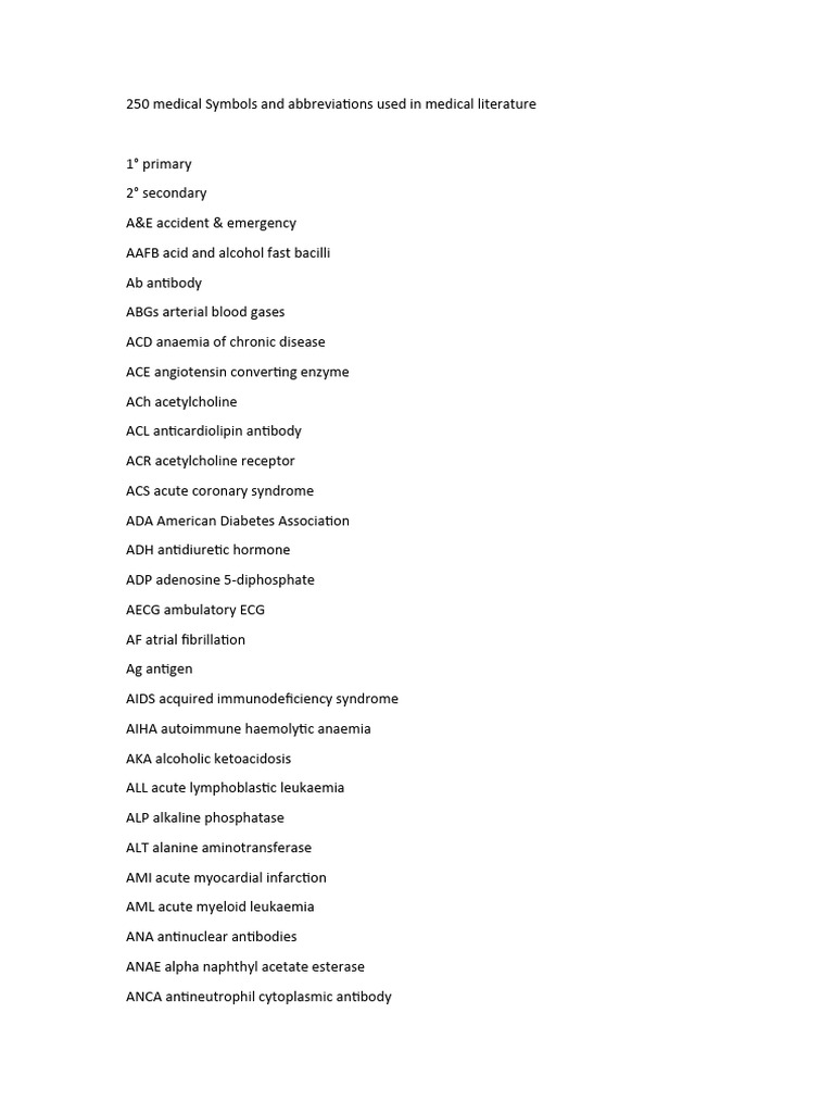 250 Medical Symbols and Abbreviations Used in Medical Literature | PDF ...