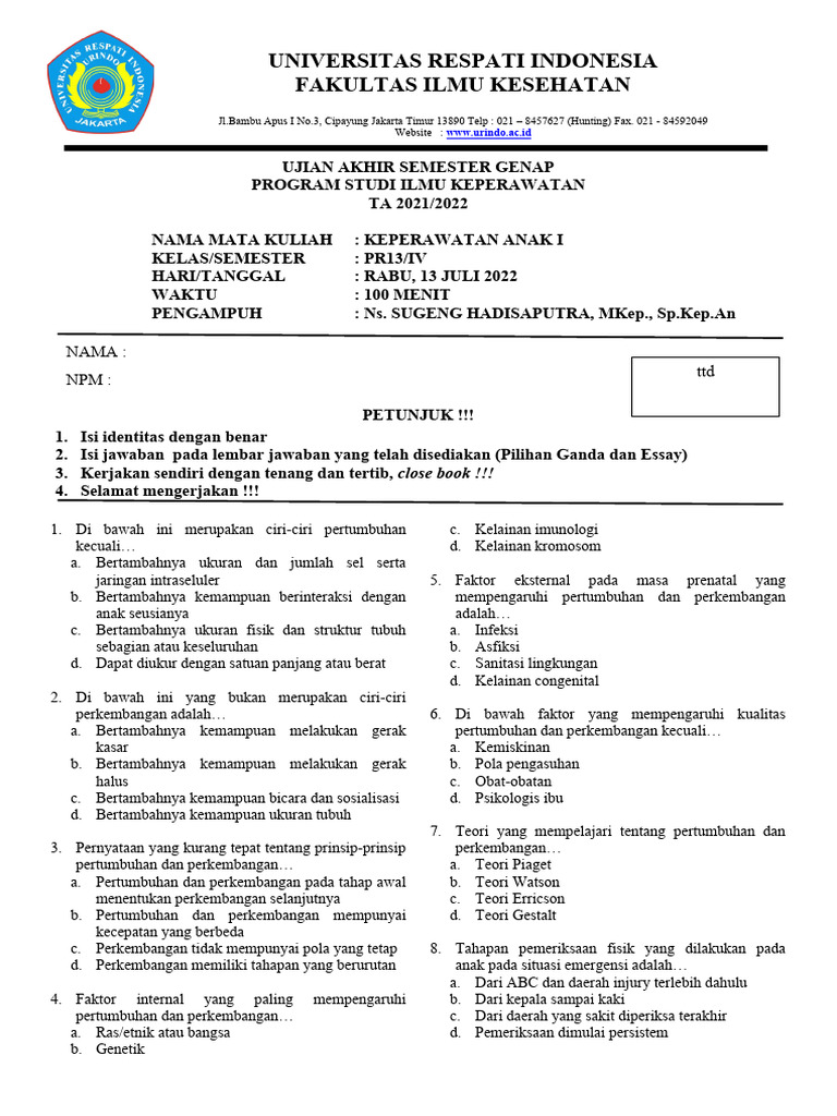 Soal Uas Keperawatan Anak I 2022 PR13 | PDF