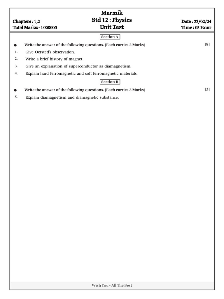 UnitTest - D23 Feb 2024 | PDF | Ferromagnetism | Physical Phenomena UnitTest - D23 Feb 2024 | PDF | Ferromagnetism | Physical Phenomena