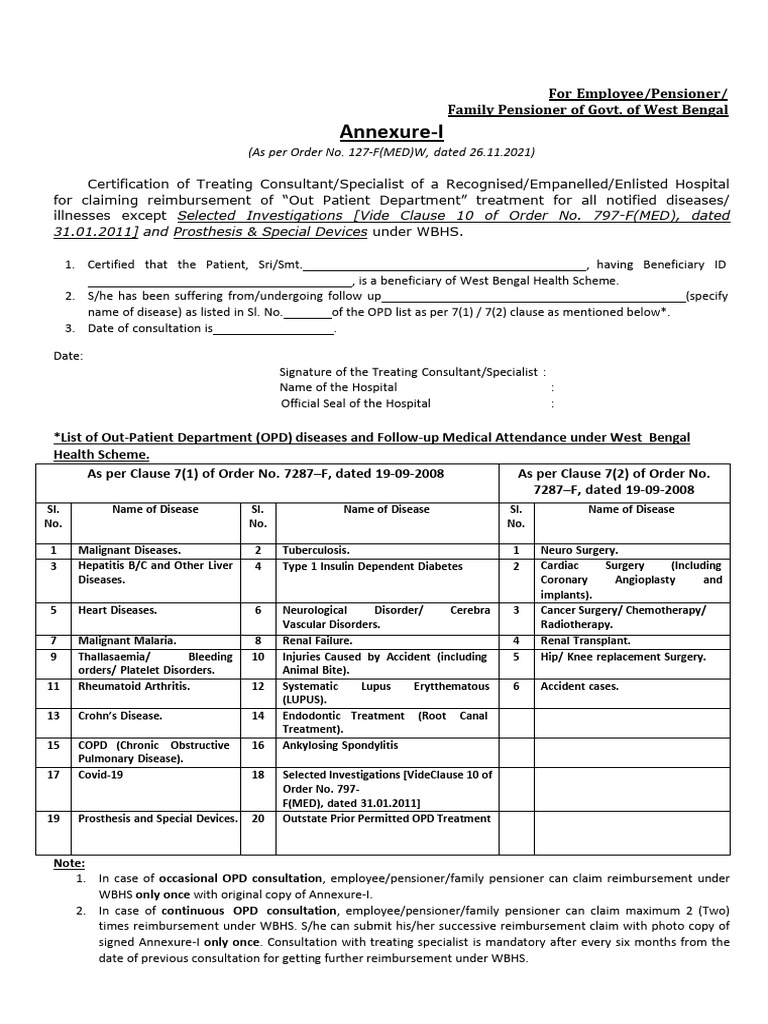 Wbhs Opd Annexure - I | Download Free PDF | Neurology | Human Diseases And Disorders