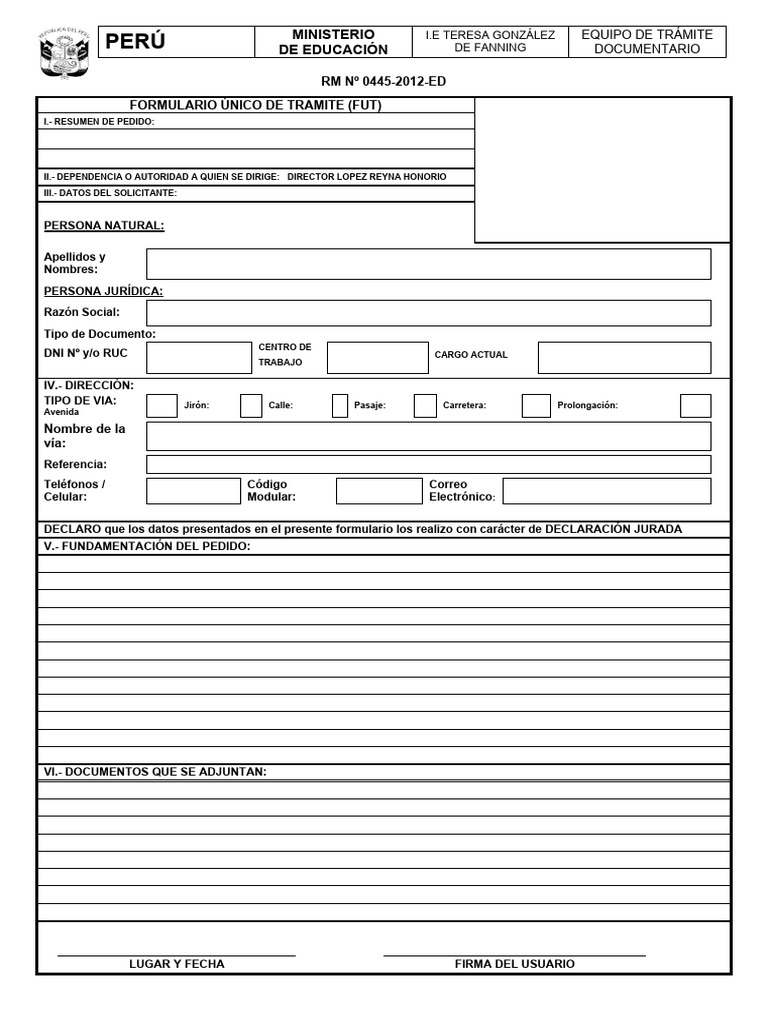 RM #0445-2012-ED Formulario Único de Tramite (Fut) | PDF