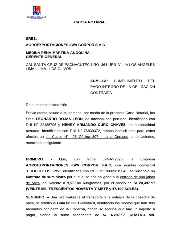 CARTA NOTARIAL - CASO PALTA | PDF