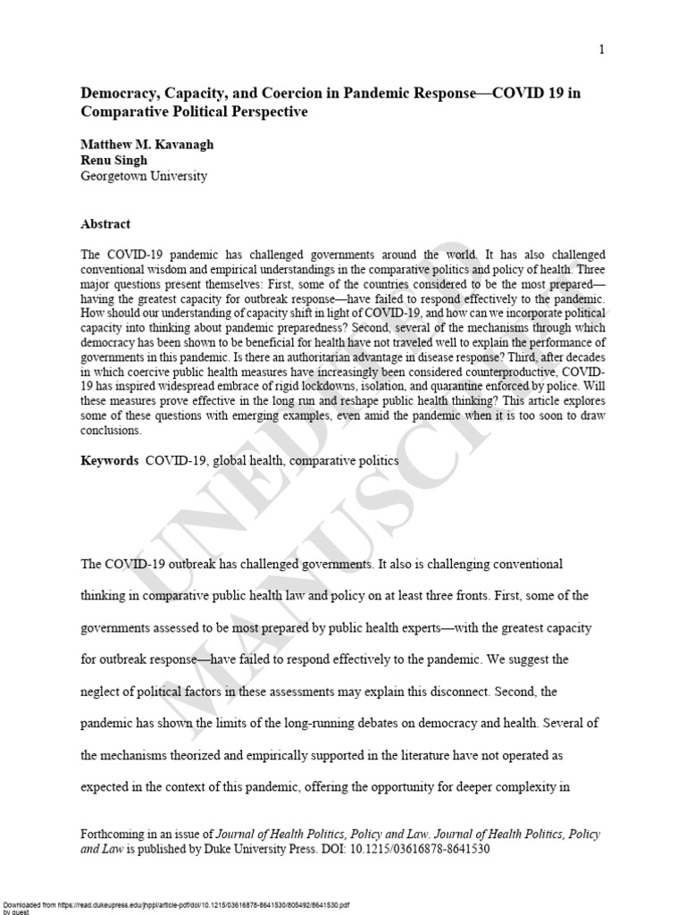 Democracy, Capacity, and Coercion in Pandemic Response-COVID 19 in ...