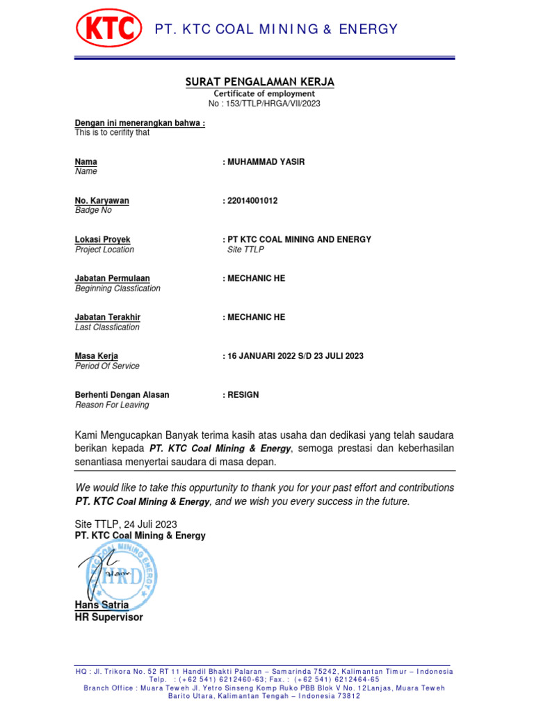 Surat Pengalaman Kerja KTC | PDF