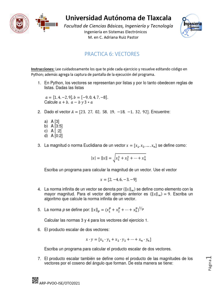 Practica 6 Vectores | PDF | Vector Euclidiano | Algoritmos