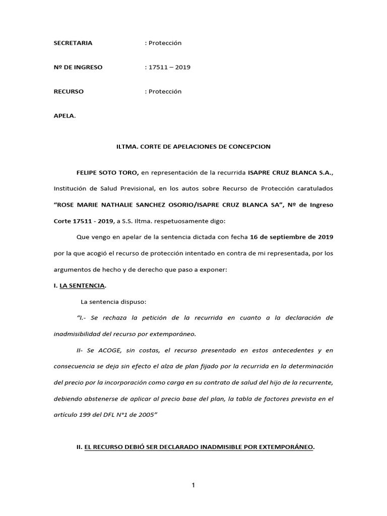Recurso de Apelacion, Recurso Proteccion Isapre | PDF | Apelación | Caso de ley