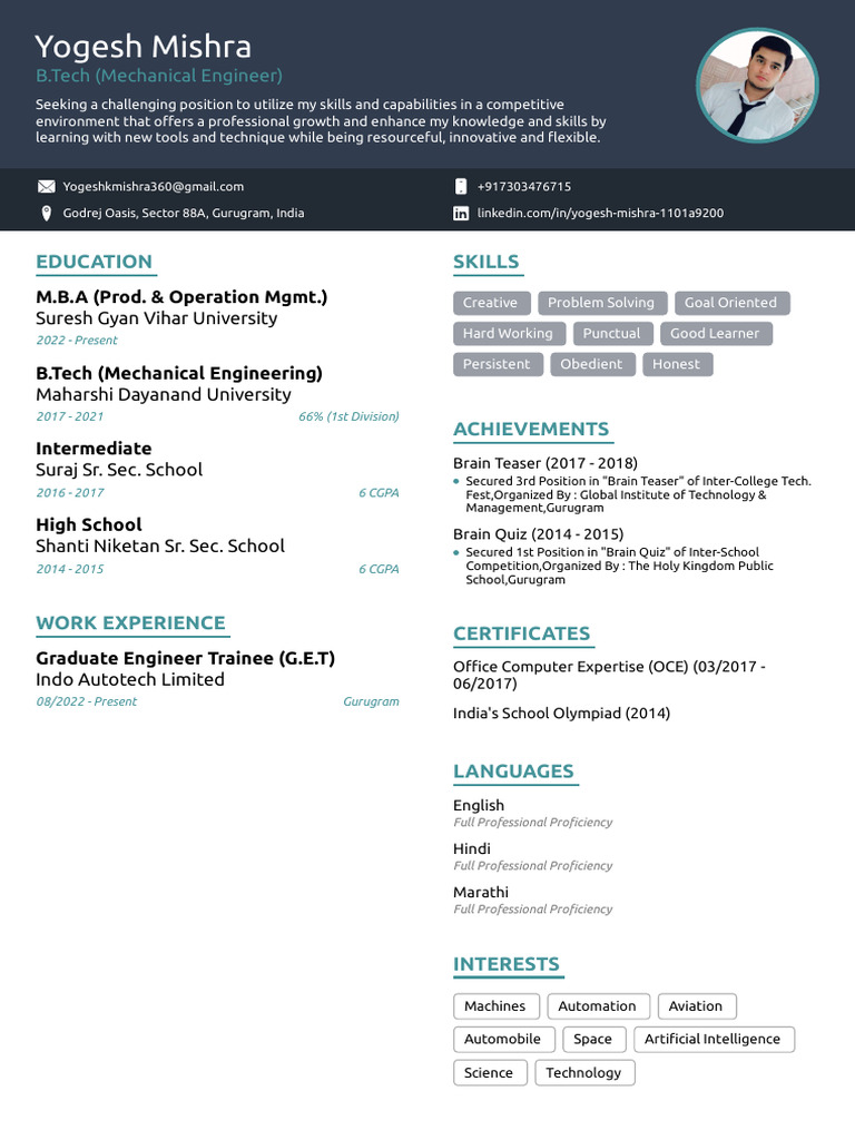 Yogesh's Resume | PDF | Cognition | Learning