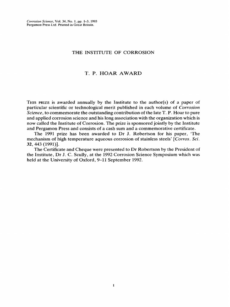 T. P. Hoar Award for Corrosion Science | PDF