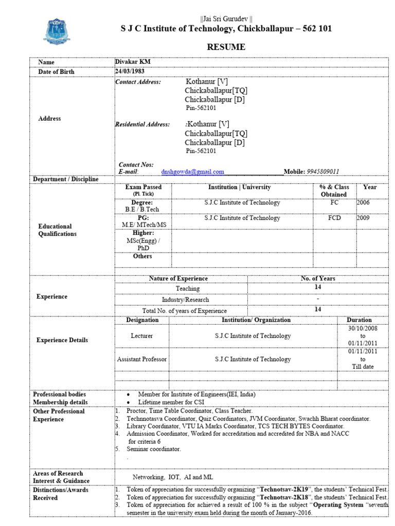 Resume SJCIT Divi | PDF | Internet Of Things | International Standard Serial Number