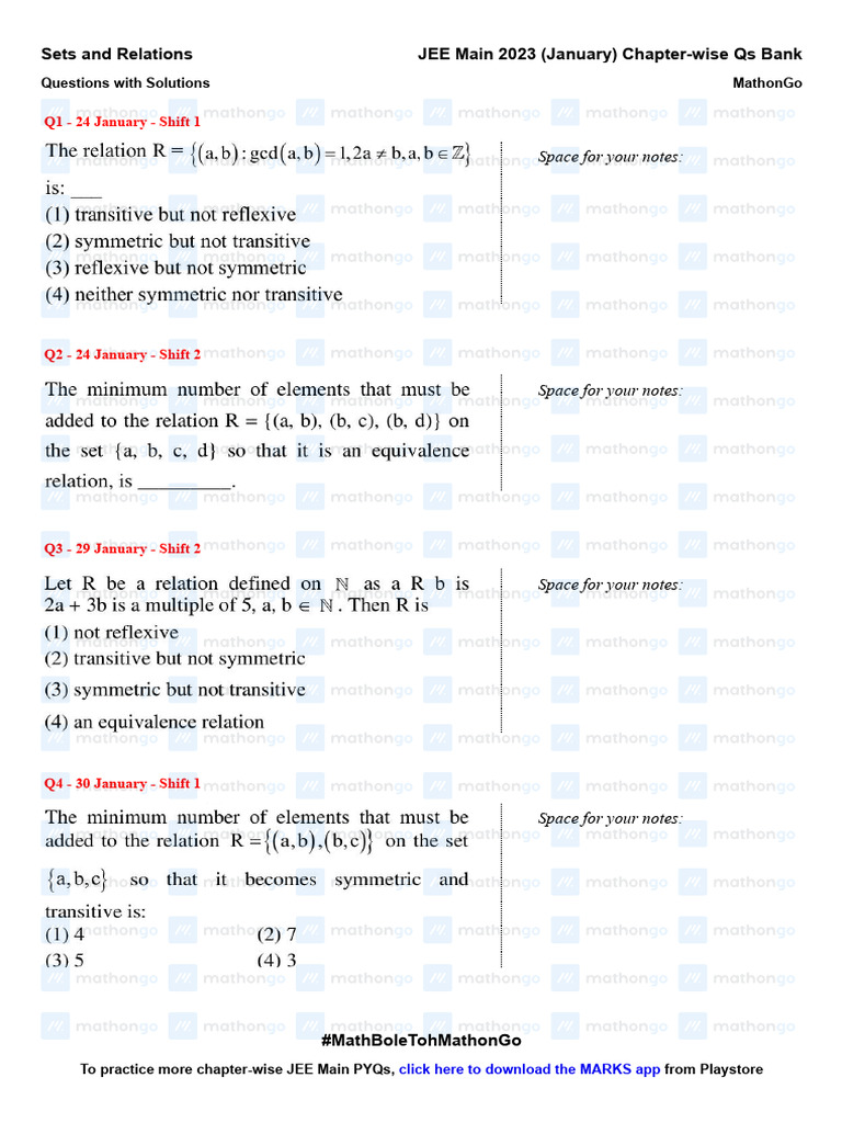 Sets and Relations - JEE Main 2023 January Chapter Wise Questions by MathonGo | PDF