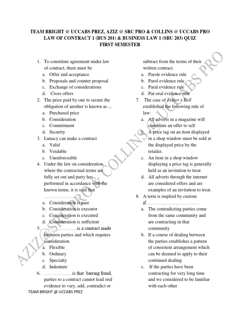 Law Quiz-Loko | PDF | Contractual Term | Breach Of Contract