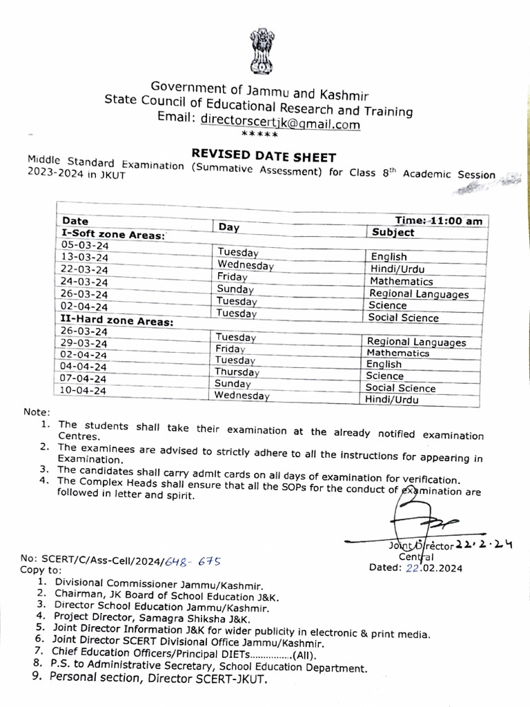 Revised Date Sheet Class 8th | PDF
