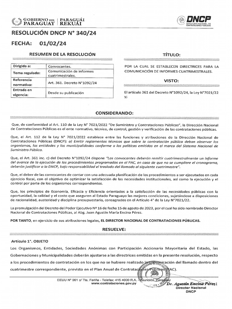 Res - DNCP - 340 - 24 POR LA CUAL SE ESTABLECEN DIRECTRICES PARA LA COMUNICACION DE INFORMES ...