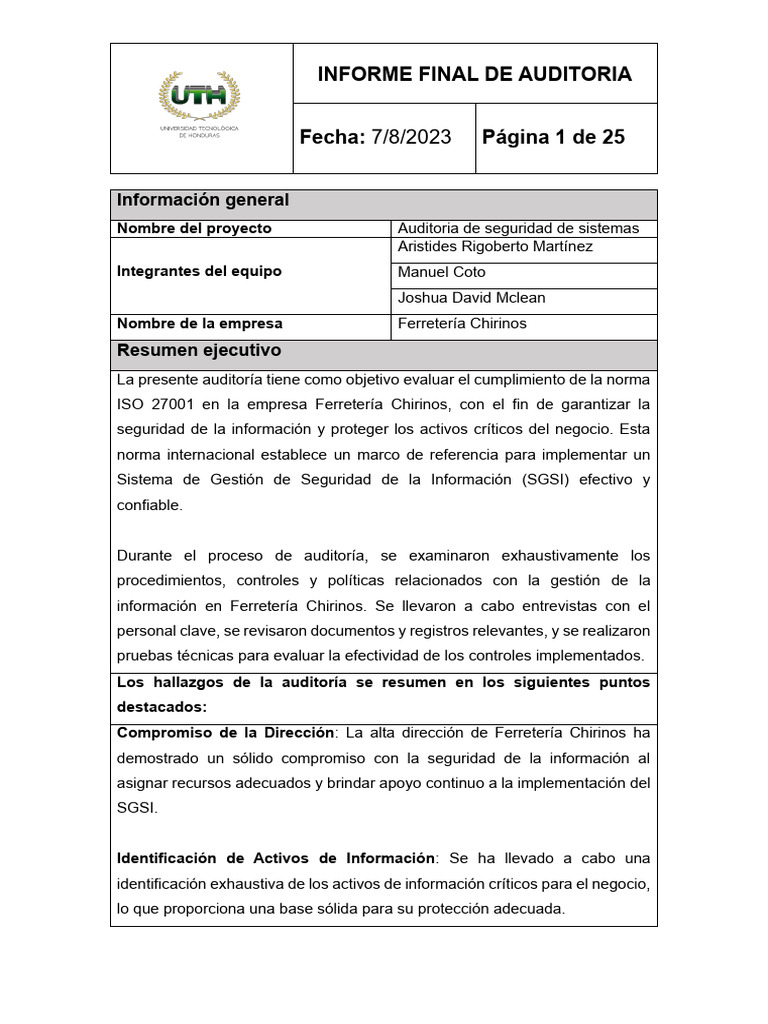 Informe Final - Auditoria - Final | PDF | Seguridad de información | La seguridad informática